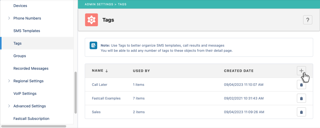 Setting up Tags - Fastcall